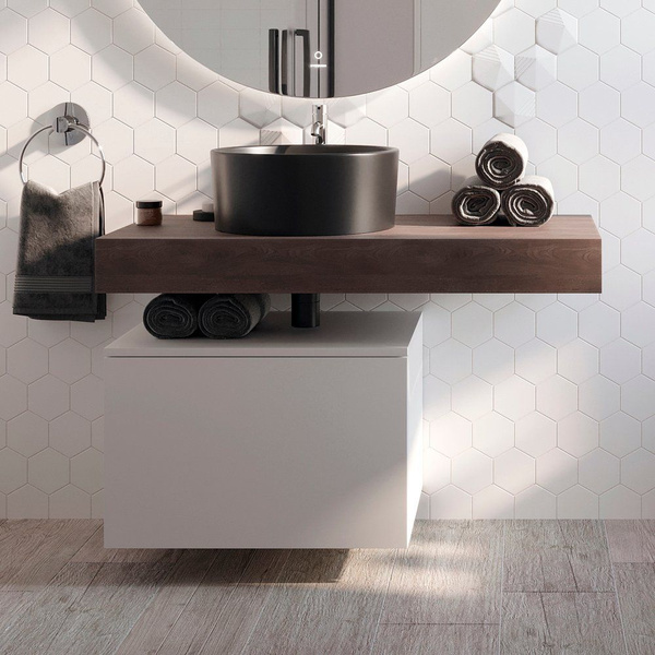 Столешница STWORKI Ольборг 100 дуб карпентер, без отверстий, с тумбой 60, черной раковиной ...