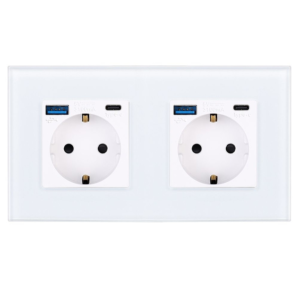 Двойная розетка с входами USB и Type-C Рамка стеклянная белый - купить ...
