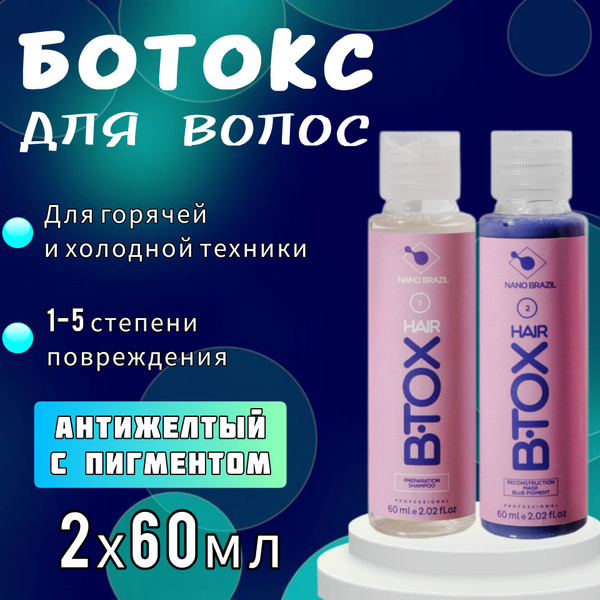NANO BRAZIL / Ботокс для волос профессиональный набор 2х60мл HAIR B.TOX BLUE антижелтый с синим ...