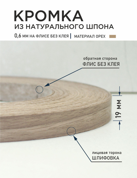 Кромка из натурального шпона Орех на флисе без клея 0,6мм 19мм бухта ...