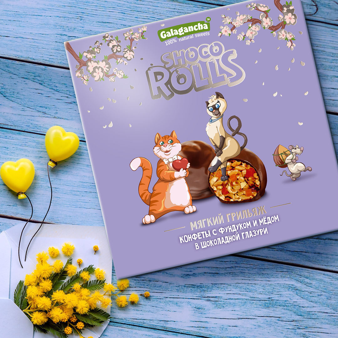 Galagancha Shoco Rolls мягкий грильяж с фундуком, мёдом и цукатами моркови, 135 г / рыжик ...
