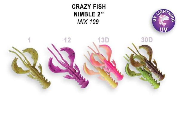 Силиконовые приманки 8шт Crazy Fish Nimble 2", 50мм цвета 1/12/13D/30D ...