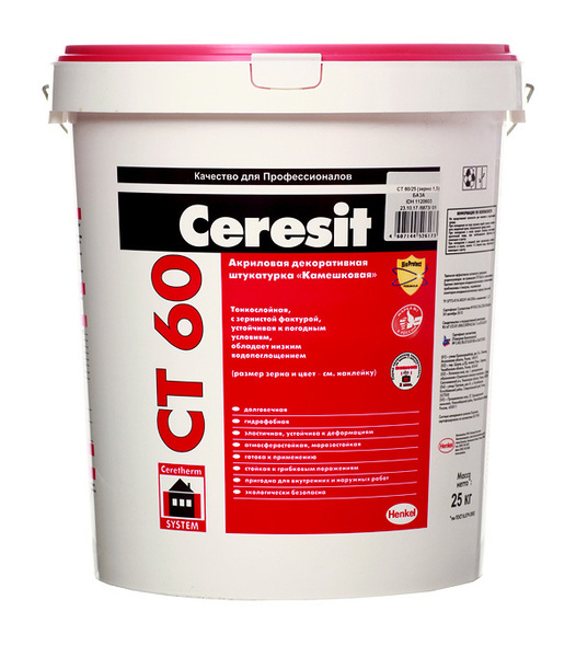 Характеристики Структурная штукатурка Ceresit CT 60 камешковая фракция 1.5 мм 25 кг подробное ...