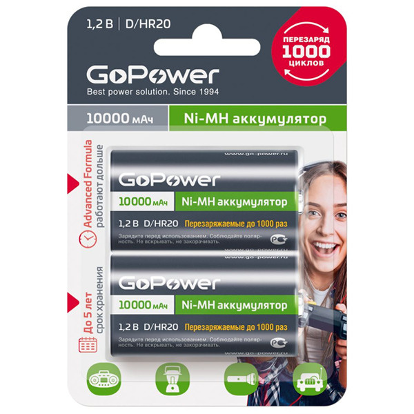 Аккумулятор бытовой GoPower HR20 D BL2 NI-MH 10000mAh (2/12/96) блистер ...