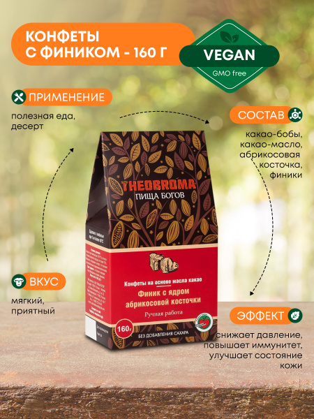 Theobroma Пища богов Шоколадные конфеты без сахара с фиником, 160г ...