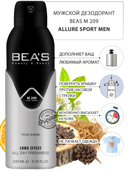 BEAS Парфюмированный мужской дезодорант FOR MEN M 209 200ml - купить с ...