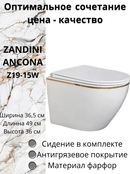 Унитаз подвесной безободковый Zandini Ancona белый (крышка из дюропласта с микролифтом) Z19-15W ...