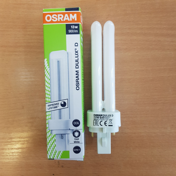 Характеристики Лампочка OSRAM люминесцентная DULUX D 13W/840 G24d-1, Холодный белый свет 13 Вт ...