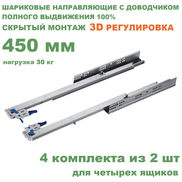 Направляющие для ящиков скрытого монтажа с доводчиком и 3D регулировкой ...