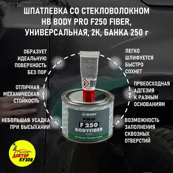 Шпатлевка автомобильная со стекловолокном HB BODY PRO F250 Fiber 250 гр + отвердитель 8 гр ...