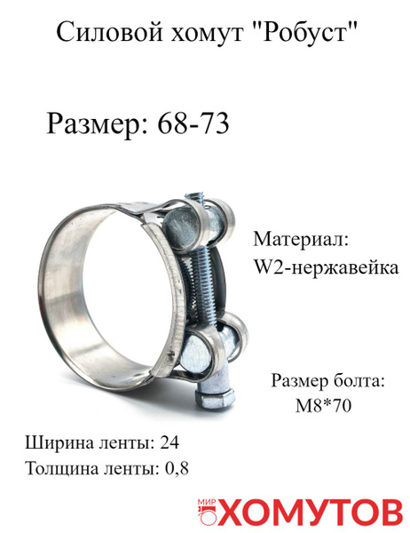 Силовой одноболтовый хомут из нержавеющей стали "Робуст" 68-73 ...