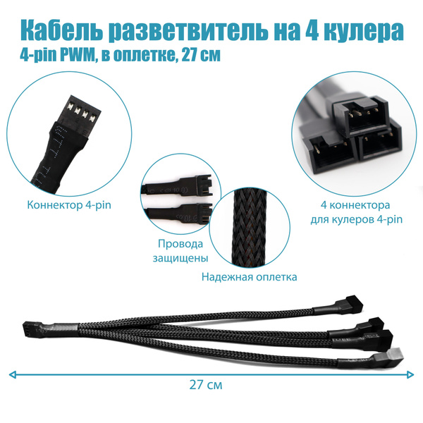 Кабель разветвитель на 4 кулера 4-pin PWM 27см в оплетке - купить с ...