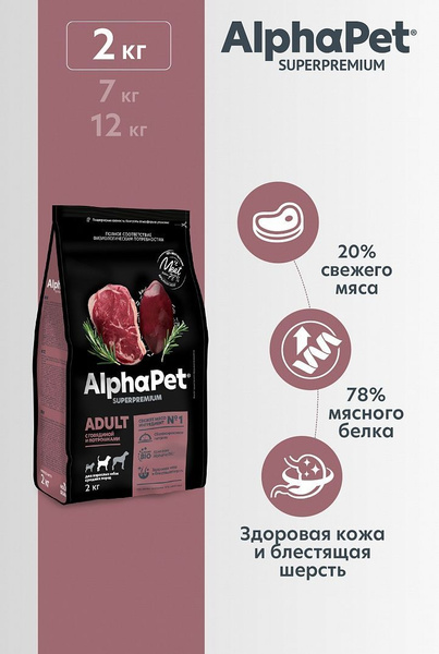 Сухой корм AlphaPet Superpremium 2 кг с говядиной и потрошками для взрослых собак средних пород ...