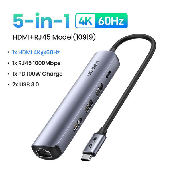 Ugreen Usb C Hub 4k 60 Гц Usb Type C 3 1 к Hdmi Rj45 Pd 100 Вт Usb 3 0