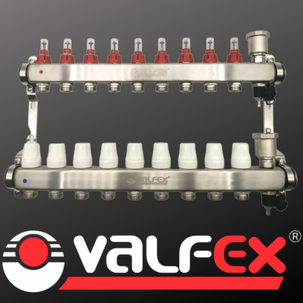 Коллектор VALFEX для теплого пола 1" x 9 выходов 3/4", из нержавеющей стали с регулирующими ...