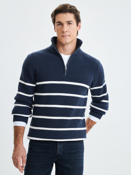 Джемпер Мужской Zarina синий Вискоза, Полиэстер, размер 54 Без застежки прямой Длинный Полоска ...