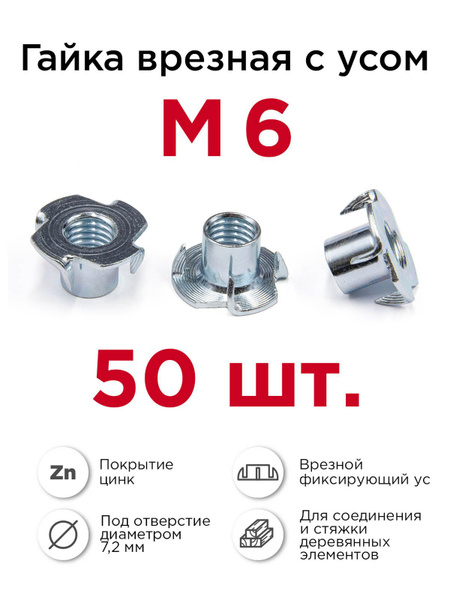Гайка мебельная М6 врезная оцинкованная, 50 шт. - купить с доставкой по ...