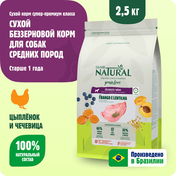 Сухой беззерновой корм для собак средних пород Guabi Natural Dog GRAIN ...