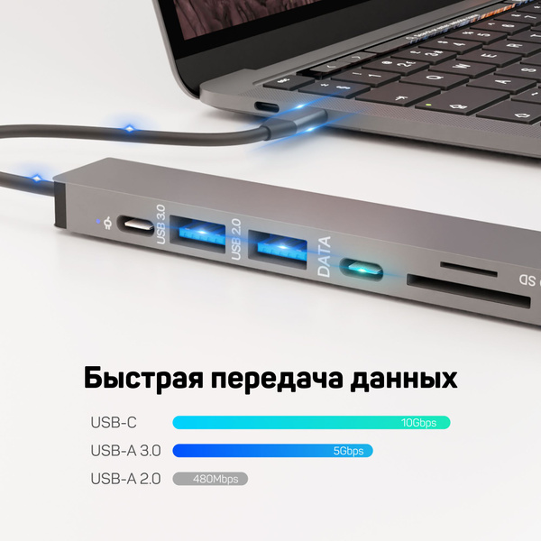 USB HUB 7в1. USB разветвитель, type c hdmi, док станция type c, usb хаб для macbook, SD Card, TF ...