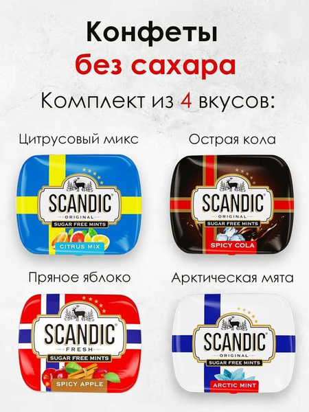 Конфеты Scandic без сахара со вкусом Микс 4шт - купить с доставкой по ...