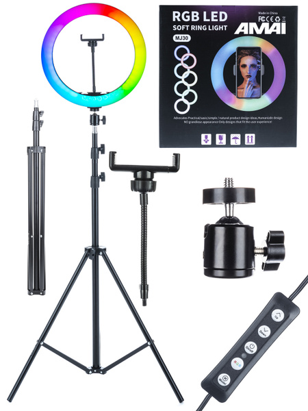 Кольцевая лампа AMAI RGB MJ30 30 см цветная со штативом для фото, видео съемки, для селфи ...