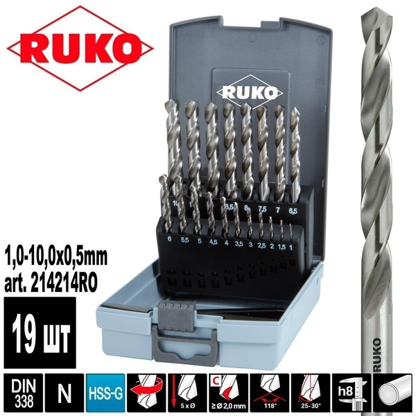 Набор сверл по металлу 1-10мм 19шт DIN338 HSS-G RUKO 214214RO - купить ...