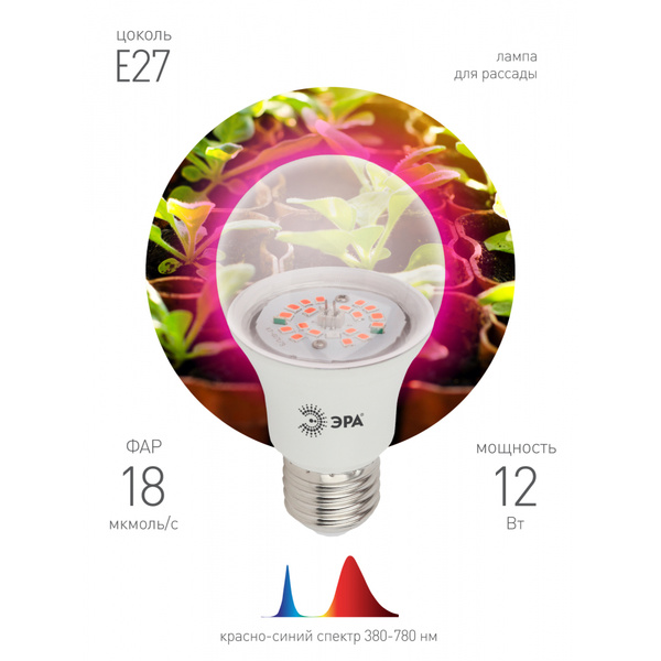 Фитолампа для растений и рассады светодиодная ЭРА FITO-12W-RB-E27-K / фито лампа E27 12 Вт ...