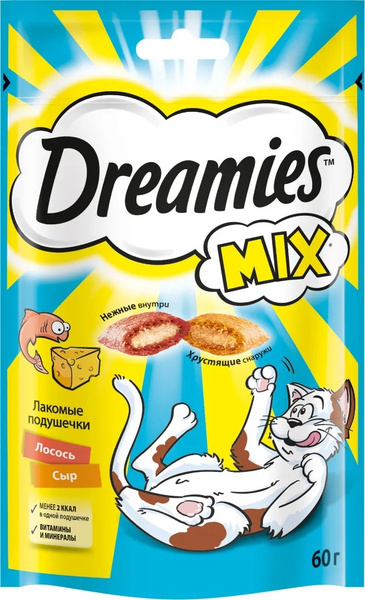 Лакомство Dreamies Mix для любых кошек, подушечки с лососем и сыром ...