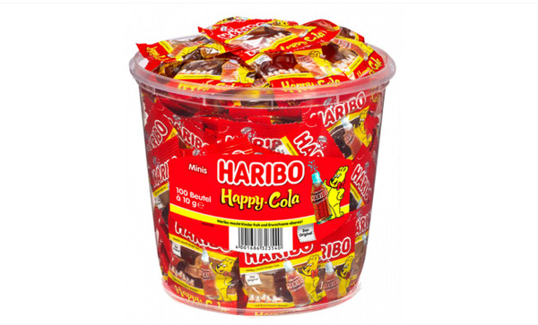 Жевательный мармелад Haribo Happy Cola minis 1 кг., 100 мини пакетиков ...