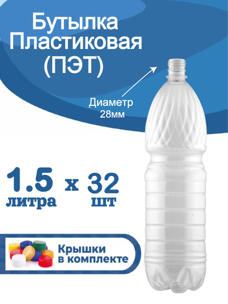 Бутылка пластиковая 1,5 литра ПЭТ, пластиковая тара с крышкой 32 шт ...