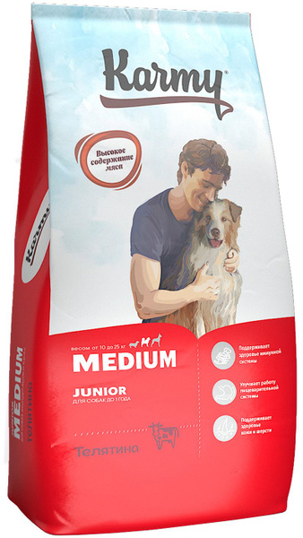 Корм Karmy Medium Junior для щенков средних пород, с телятиной, 15 кг ...