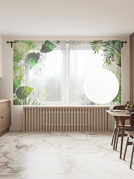 Тюль, фототюль короткий JoyArty "Тропическая листва" высота 180 см, ширина 145 см (2 полотна) на ...