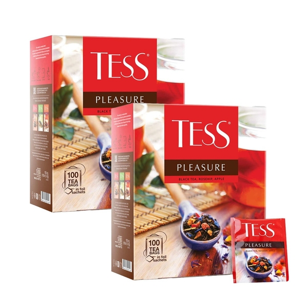 Чай черный Tess Pleasure с яблоком и шиповником, 100 пакетиков / Набор ...