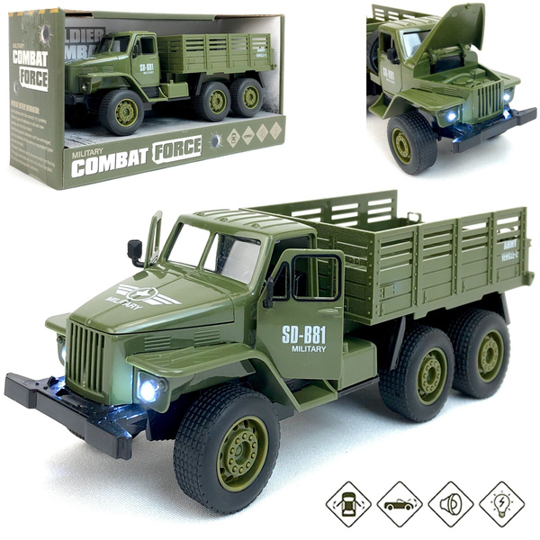 Инерционный военный грузовик с прицепом Combat Force, открываются двери и капот, фары светятся ...