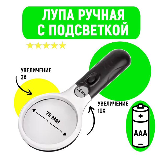 Лупа для чтения, лупа с подсветкой LED, ручная для рукоделия, чтения ...