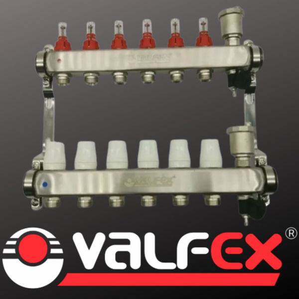 Коллектор VALFEX для теплого пола 1" x 6 выходов 3/4", из нержавеющей стали с регулирующими ...