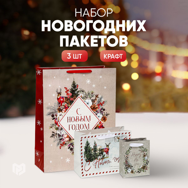 Набор подарочные новогодние пакеты для упаковки подарков "В ожидании ...