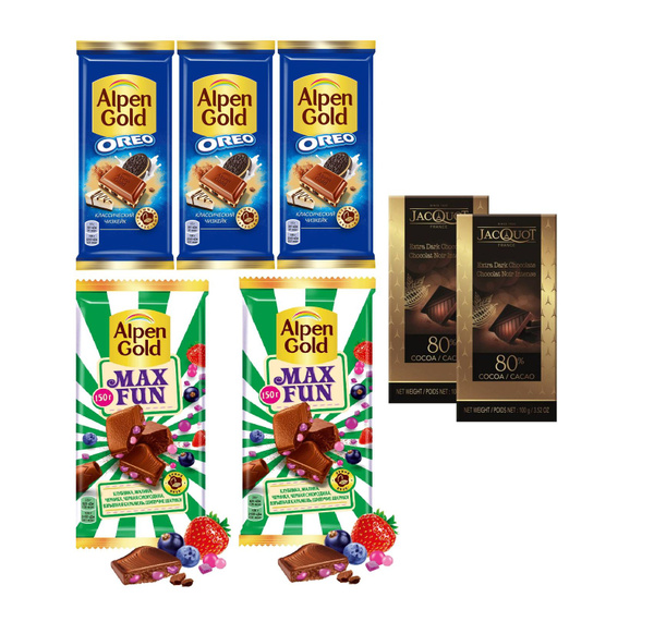 Набор / (3) Шоколад Alpen Gold Oreo молочный с кусочками печенья, 90 г + (2) Alpen Gold Max Fun ...