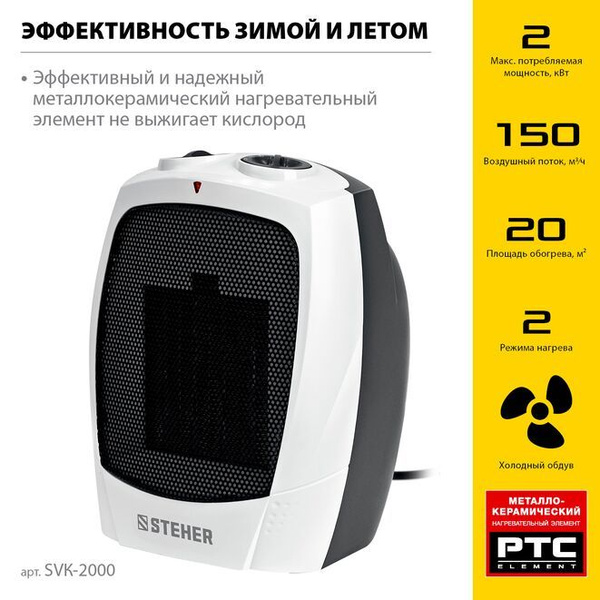 Тепловентилятор STEHER 2 кВт, площадь обогрева 20 м , 2 режима нагрева ...