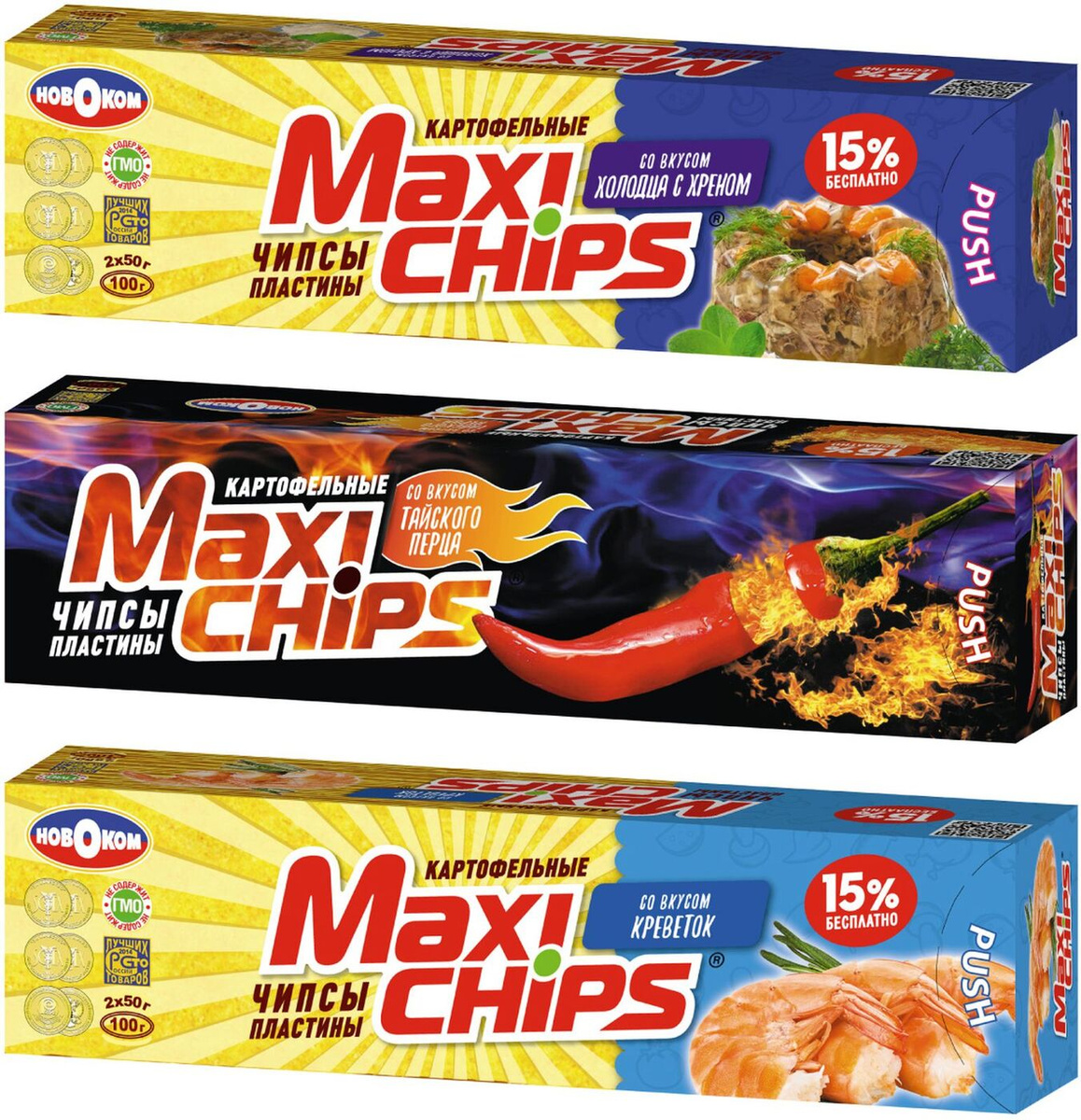 Набор чипсов Maxi-chips Холодец и хрен, Тайский перец, Креветки, 100 г ...