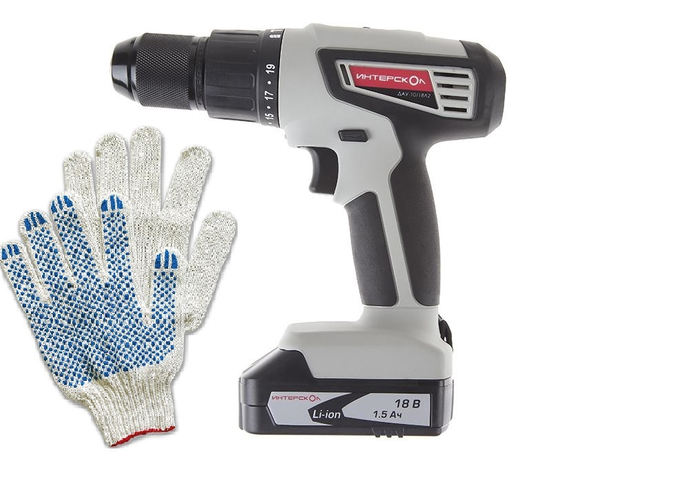 Дрель-шуруповерт Интерскол ДАУ-10/18Л2 + строительные перчатки с ПВХ ...