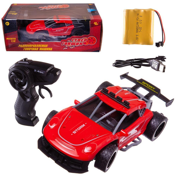 Машина р/у Junfa гоночная, 1:18, 2,4 ГГц, Storm, резиновые колеса, аккумуляторный блок, красная ...