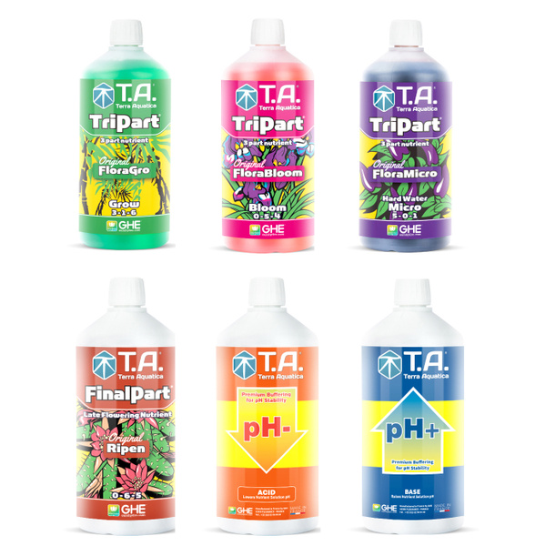 Комплект удобрений, GHE Flora Grow + Bloom + Micro HW (для жесткой воды) + Ripen + pH Up pH Down ...