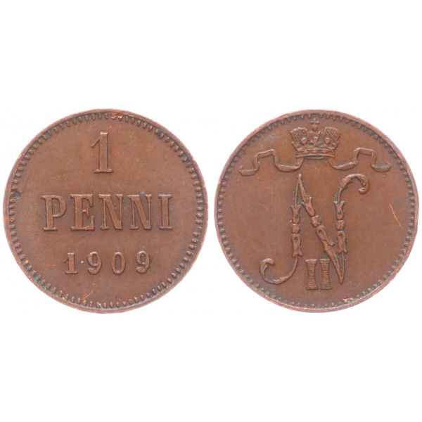 Россия Финляндия 1 Пенни 1909 год XF Бит# 470 Вензель Николая II - купить в интернет-магазине ...