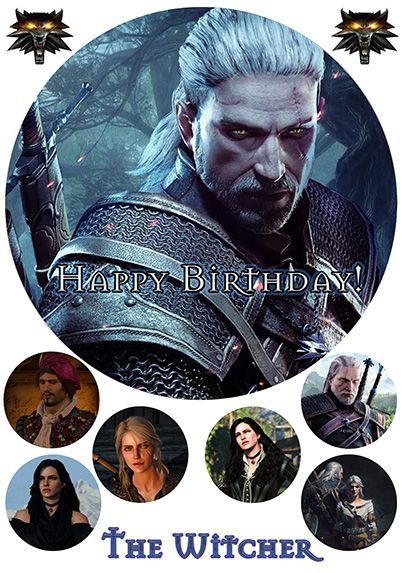 Сахарная картинка (А4) для круглого тортаThe Witcher (Ведьмак) , HAPPY ...