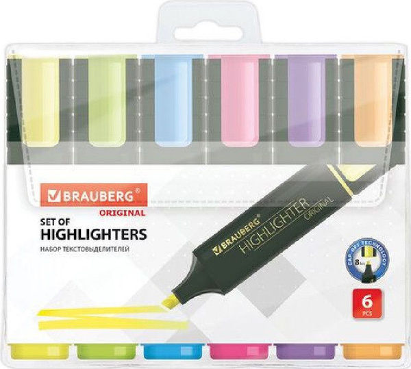 Набор текстовыделителей BRAUBERG 6 шт., АССОРТИ, "ORIGINAL", линия 1-5 мм, 151690 - купить с ...