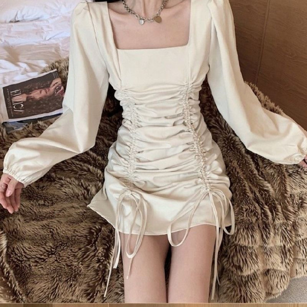 Платье Женский SYJWY бежевый Повседневный Длинный Терилен Воротник, размер 42 Без застежки ...