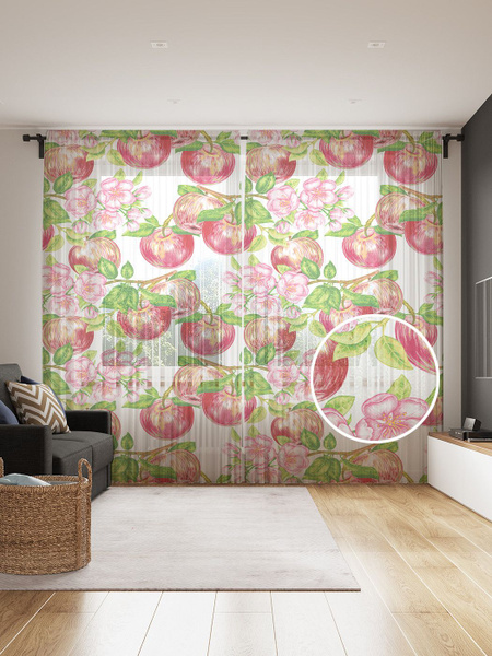 Тюль, фототюль JoyArty "Яблочный рай" высота 265 см, ширина 145 см (2 полотна) на шторной ленте ...