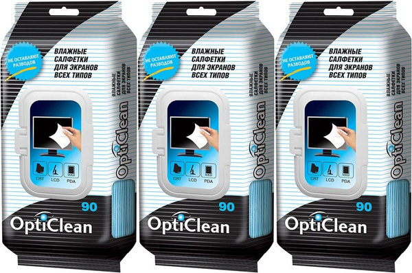 Влажные салфетки OptiClean для экранов, комплект: 3 упаковки по 90 шт ...