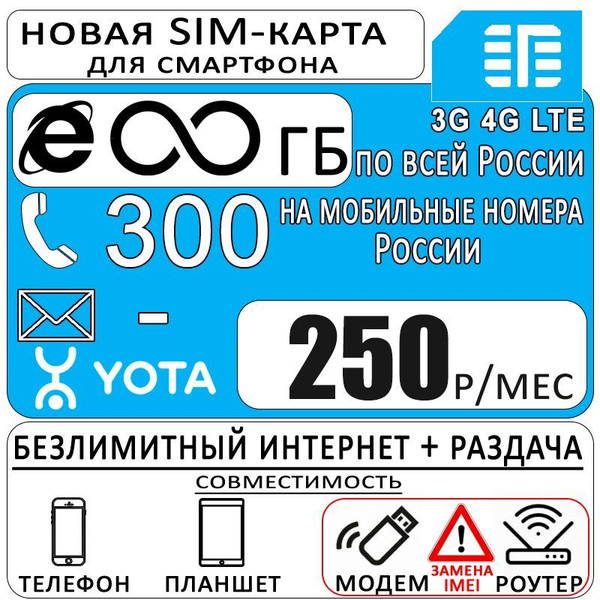 Yota SIM-карта для смартфона I безлимитный интернет и раздача I 300 минут I 250р/месяц (Вся ...